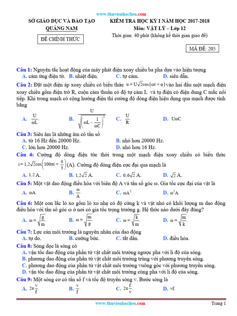 De Thi HK1 Vat Ly 12 Quang Nam 2017 2018 | PDF