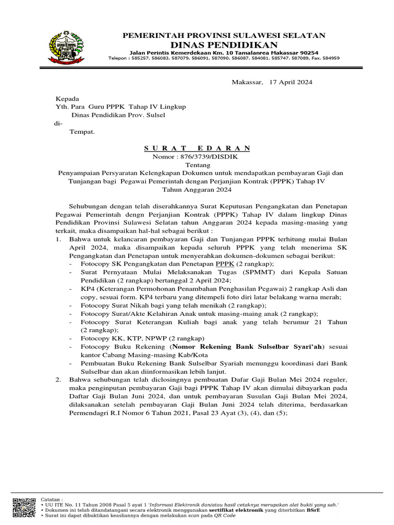 Surat Edaran Pembayaran Gaji PPPK THP Iv 2024 | PDF