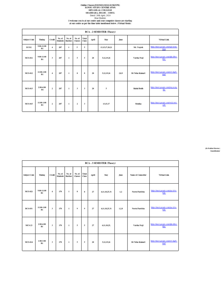 IGNOU BCA Semester Class Schedule | PDF
