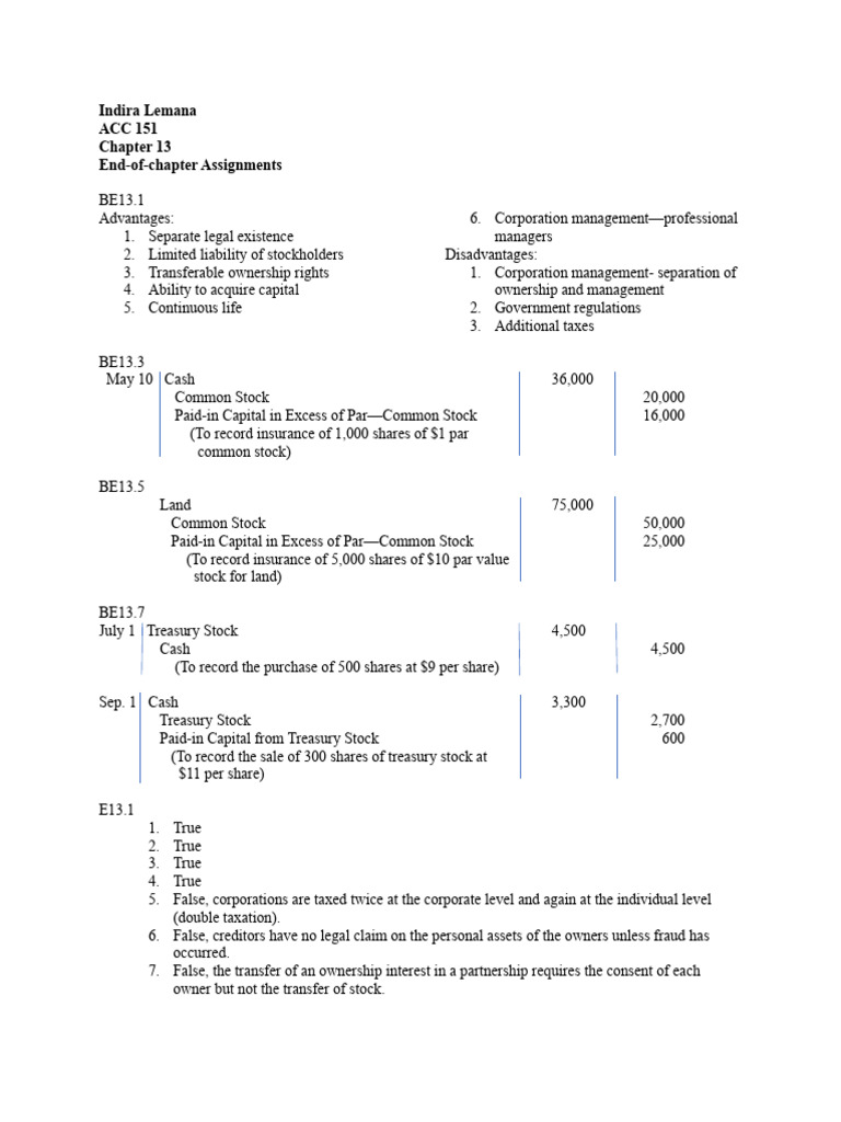 CH 13 - Assignments and Quiz | PDF | Stocks | Treasury Stock