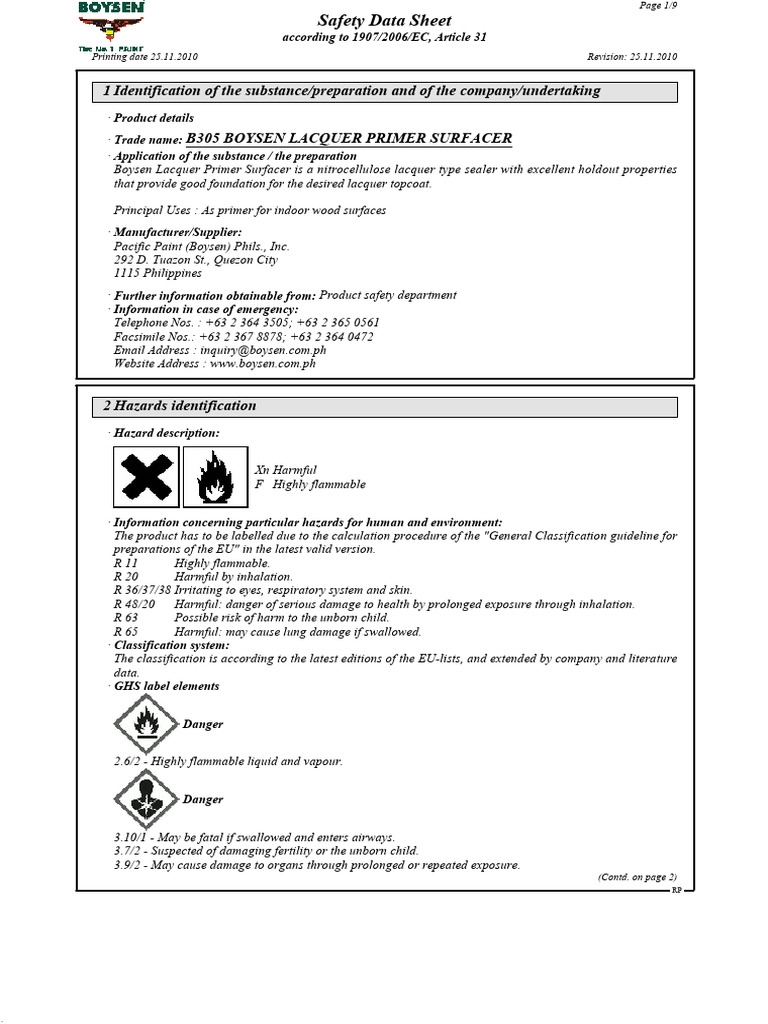 Boysen Lacquer Primer Safety Sheet | PDF | Dangerous Goods | Personal Protective Equipment