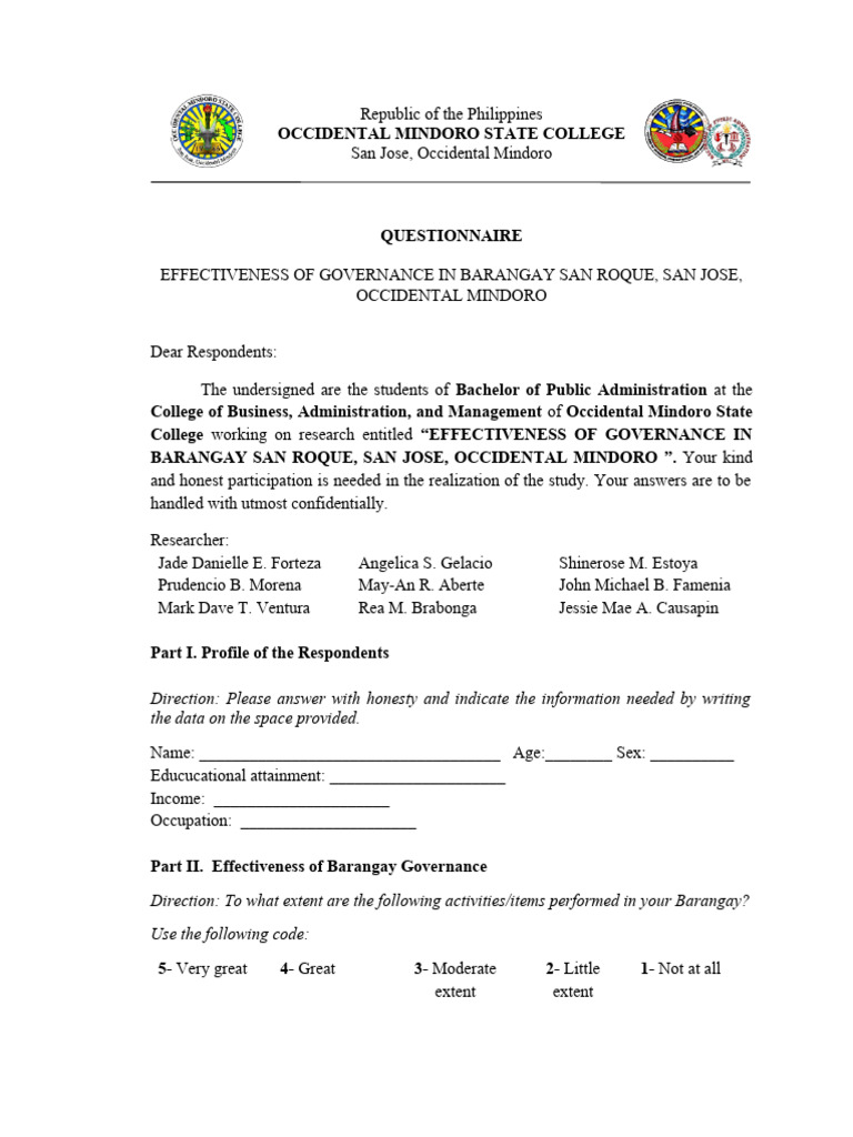 BPA-3A Questionnaires (Effectiveness of Governance) | PDF | Non ...