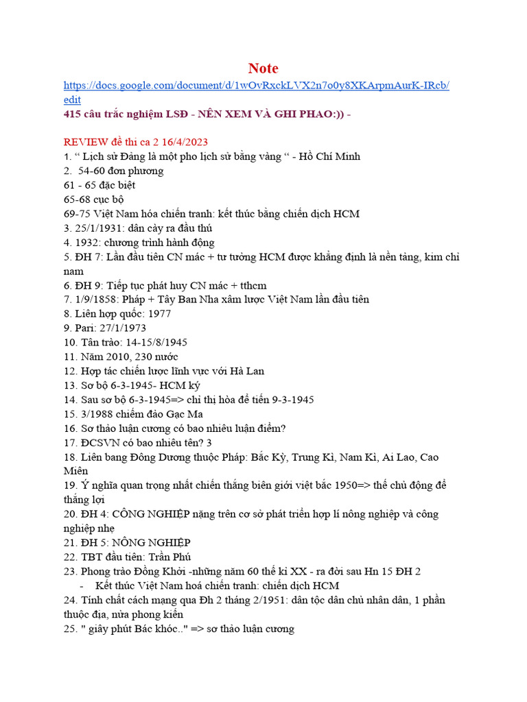 415 câu trắc nghiệm LSĐ - NÊN XEM VÀ GHI PHAO:) ) -: REVIEW đề thi ca 2 16/4/2023 | PDF