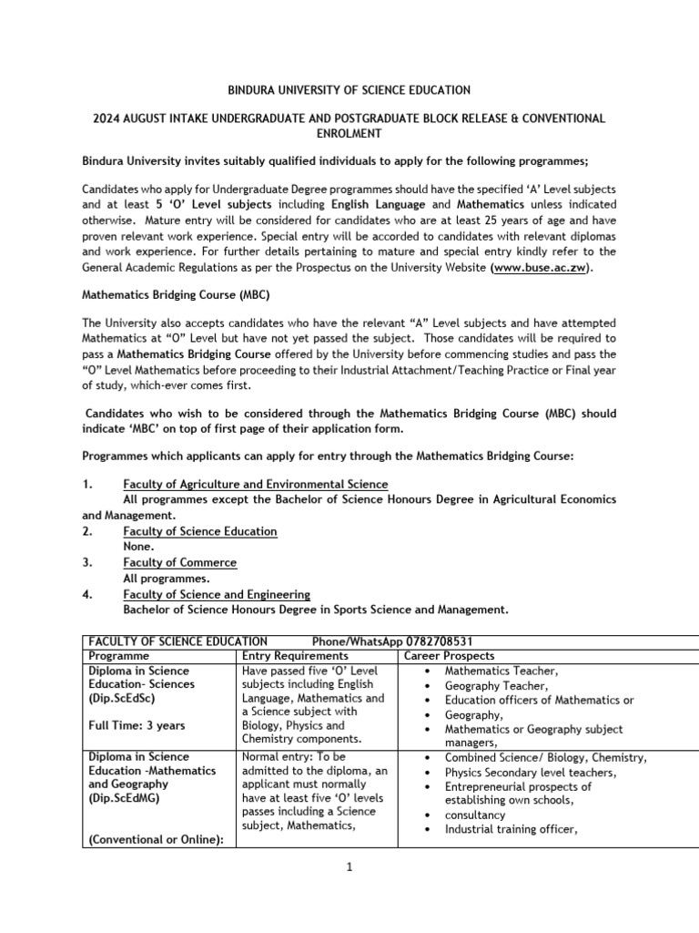 August 2024 Intake Advert | PDF | Academic Degree | Bachelor's Degree