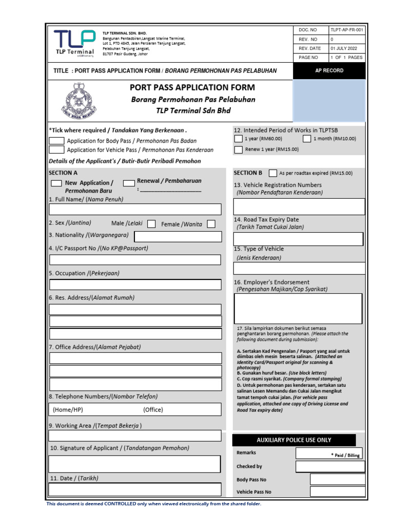 Port Pass Application Form | PDF | Government And Personhood