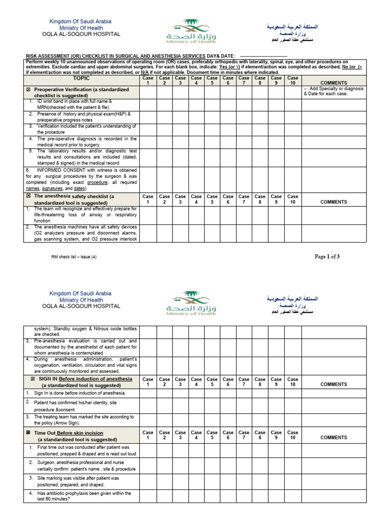 6th OR Risk Assessment Checklist | PDF | Surgery | Anesthesia