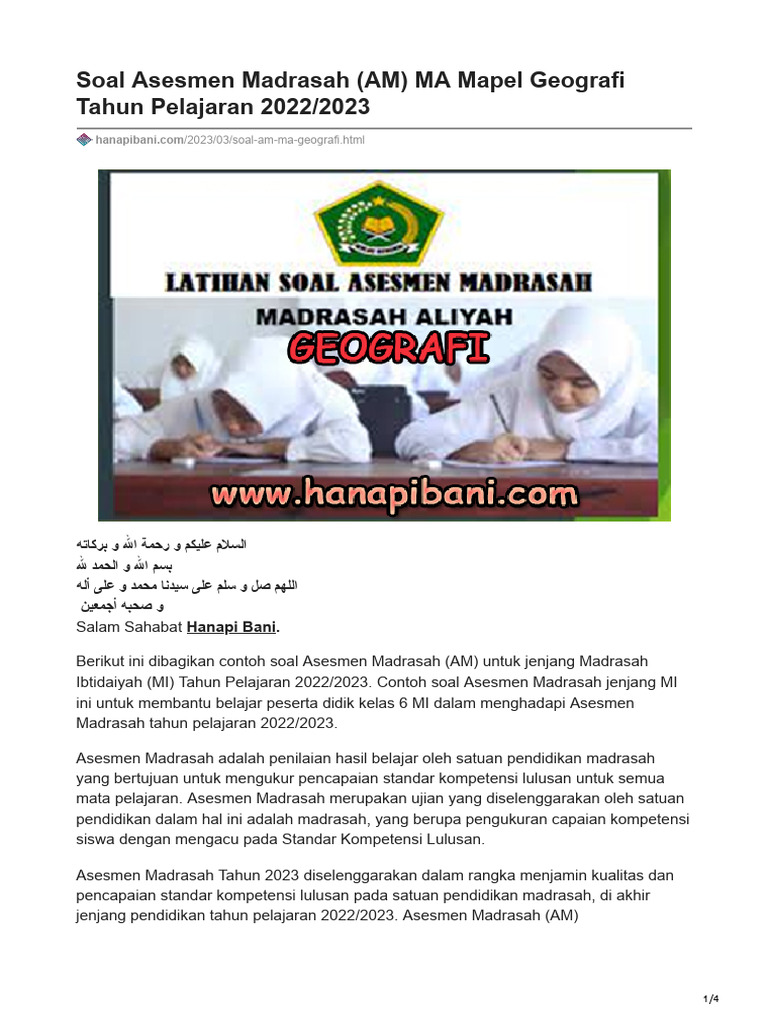 Soal Asesmen Madrasah AM MA Mapel Geografi Tahun Pelajaran 20222023 | PDF