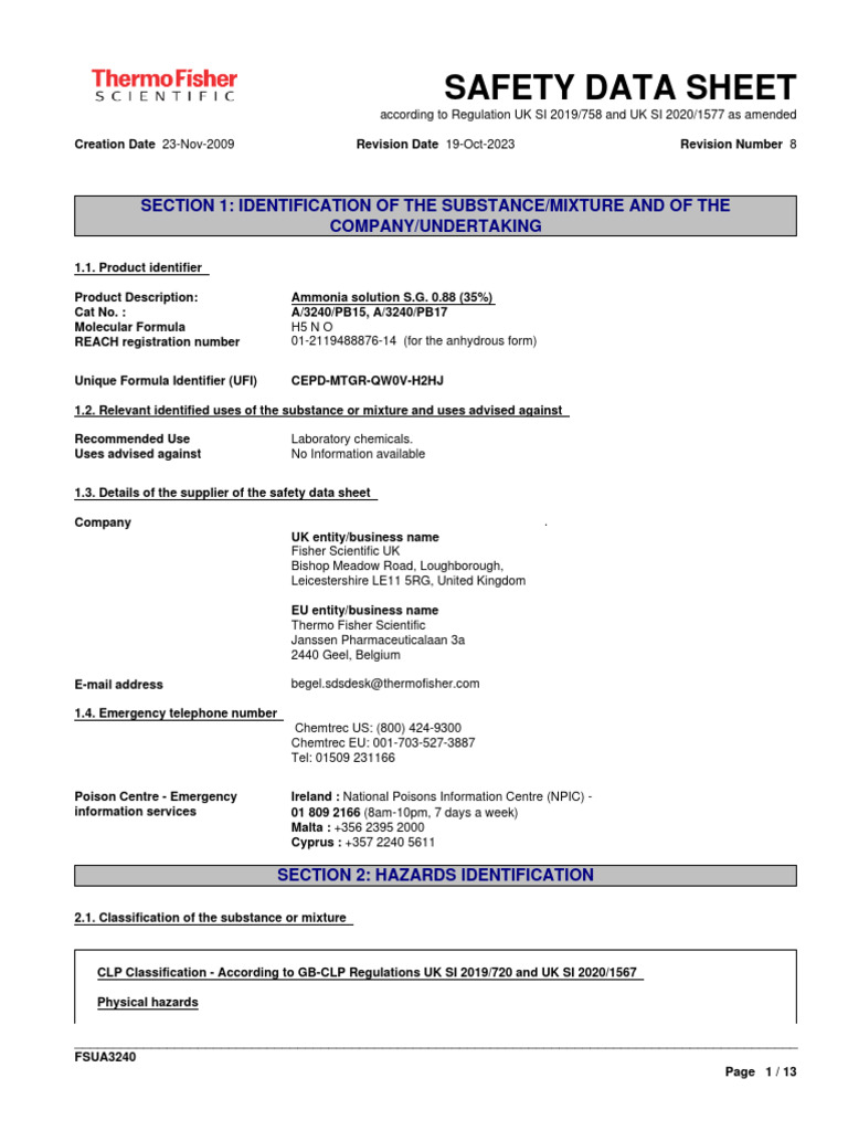 Ammonia Solution Safety Data Sheet | PDF | Toxicity | Ammonia