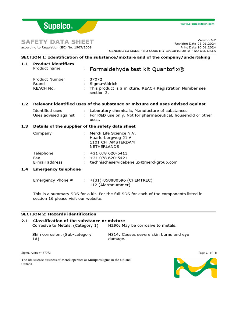 Formaldehyd 10-200mgL HCHO | PDF | Chemistry | Safety