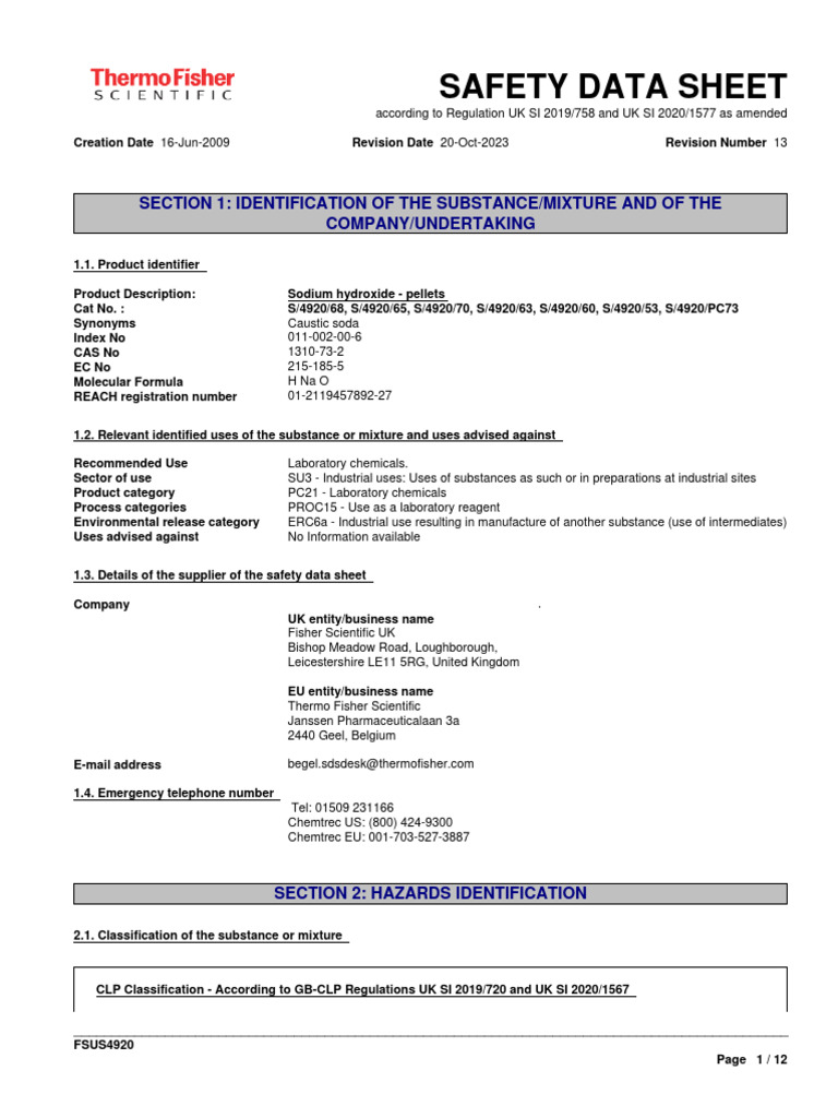 sodium Hydroxide - Pellets | PDF | Dangerous Goods | Toxicity