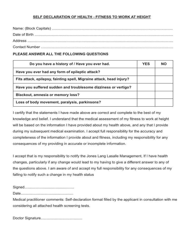 Health Self-Declaration for Height Work | PDF | Lifestyle