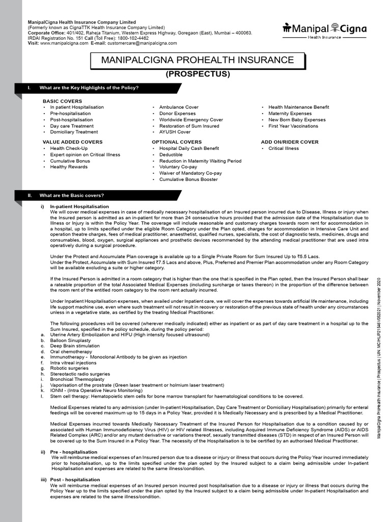 Discover The ManipalCigna ProHealth Insurance Prospectus | PDF ...
