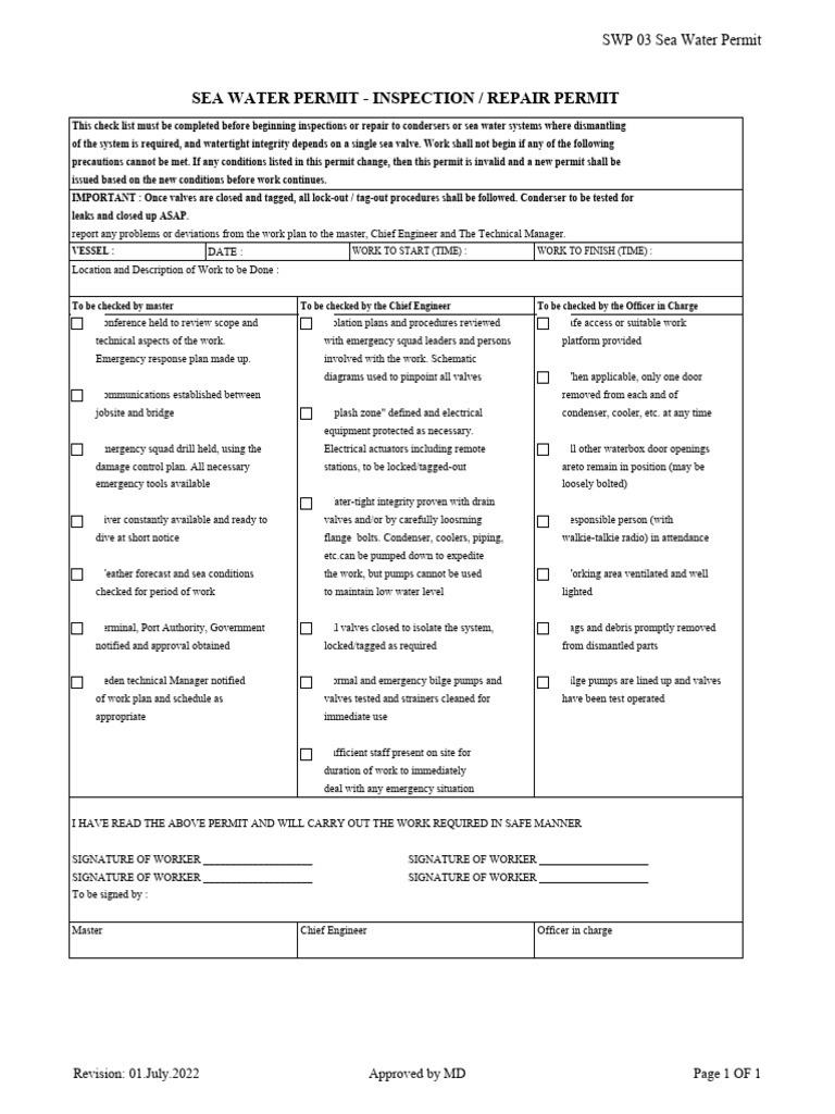 SWP 03 Sea Water Permit | PDF | Valve | Equipment