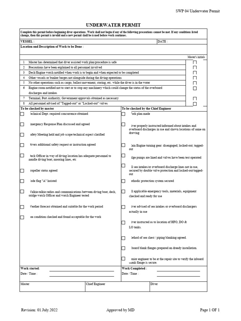 SWP 04 Underwater Permit | PDF | Scuba Diving | Underwater Diving