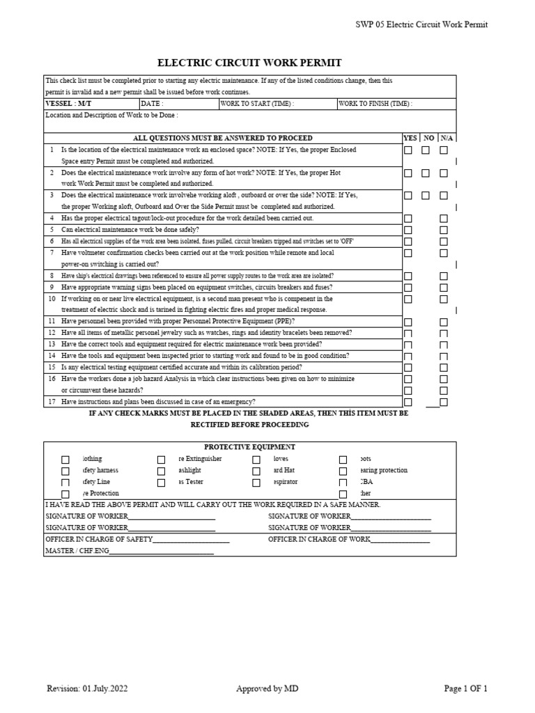 SWP 05 Electric Circuit Work Permit | PDF | Personal Protective ...