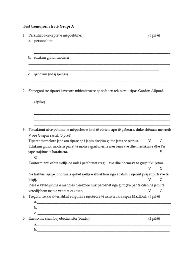 Test Tremujori III Grupi A Dhe B Psikologji 12 | PDF