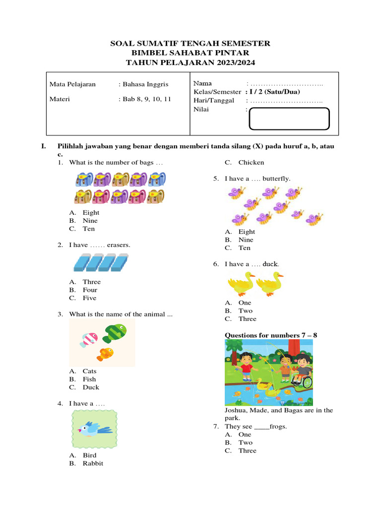Soal STS 2 B.Ing Kelas I SD Kurmer | PDF