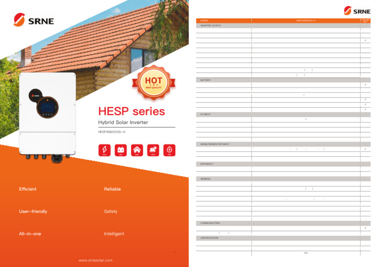 SRNE - HESP Series - EU - 48V - 6kW - 230V - Hybrid Solar Charge Inverter - Datasheet - 1.2 ...