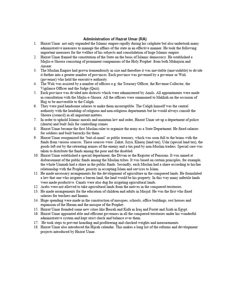 Administration Of Hazrat Umar Pdf Umar Caliphate