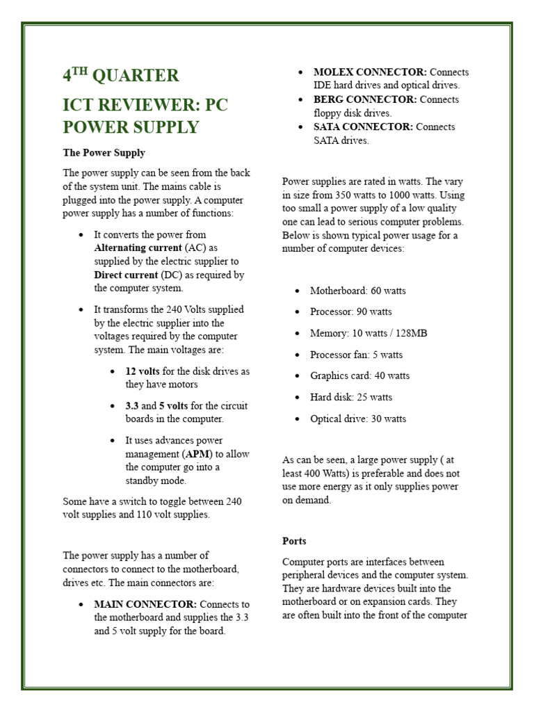 4th Quarter Ict Reviewer Pdf Power Supply Usb 