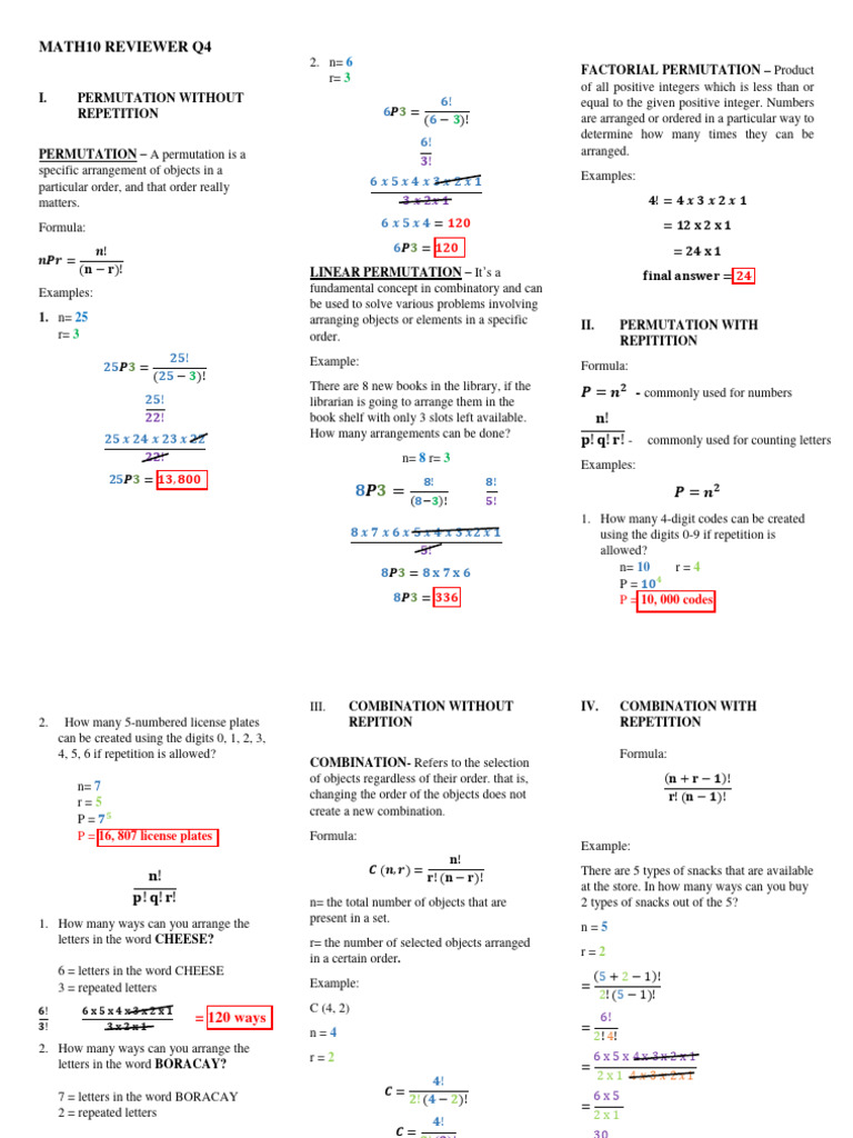 Math10 Reviewer q4 | PDF | Permutation | Mathematics