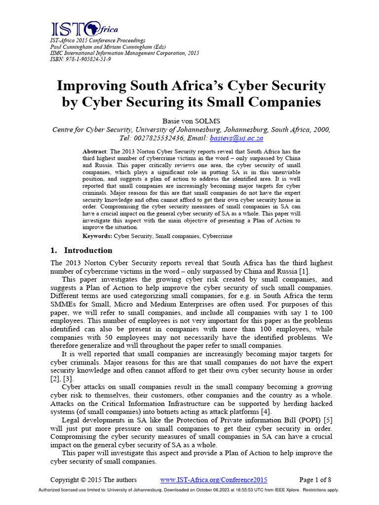 Improving South Africas Cyber Security by Cyber Securing Its Small Companies | PDF | Computer ...