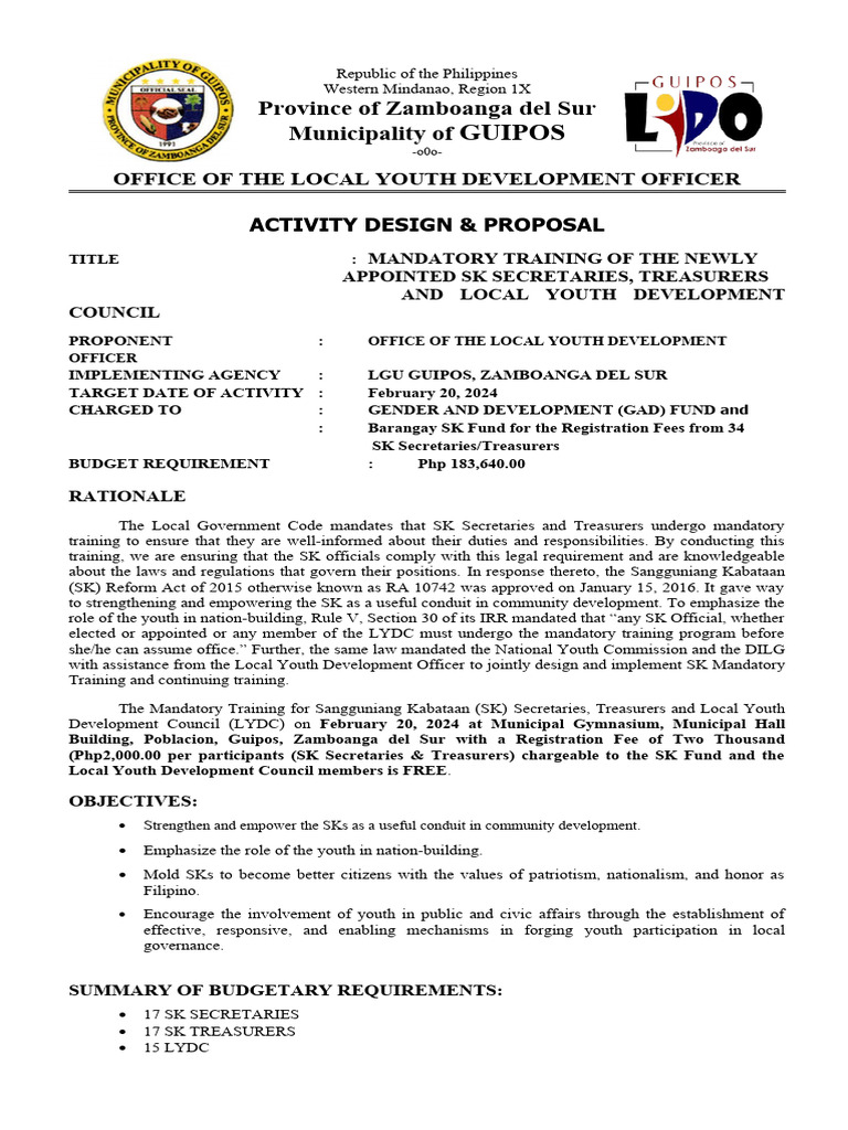 Activity Design Proposal On 2024 SKMT SK Secretaries and Treasurers | PDF | Wedding