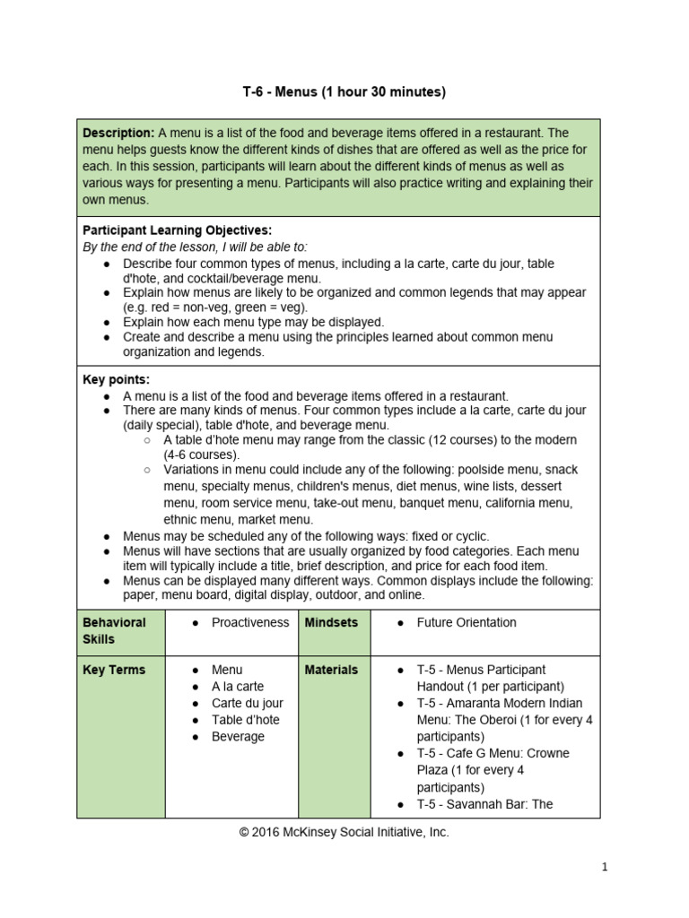 15 - A1 - T-6 - Menus - VF | PDF | Menu | Gastronomy