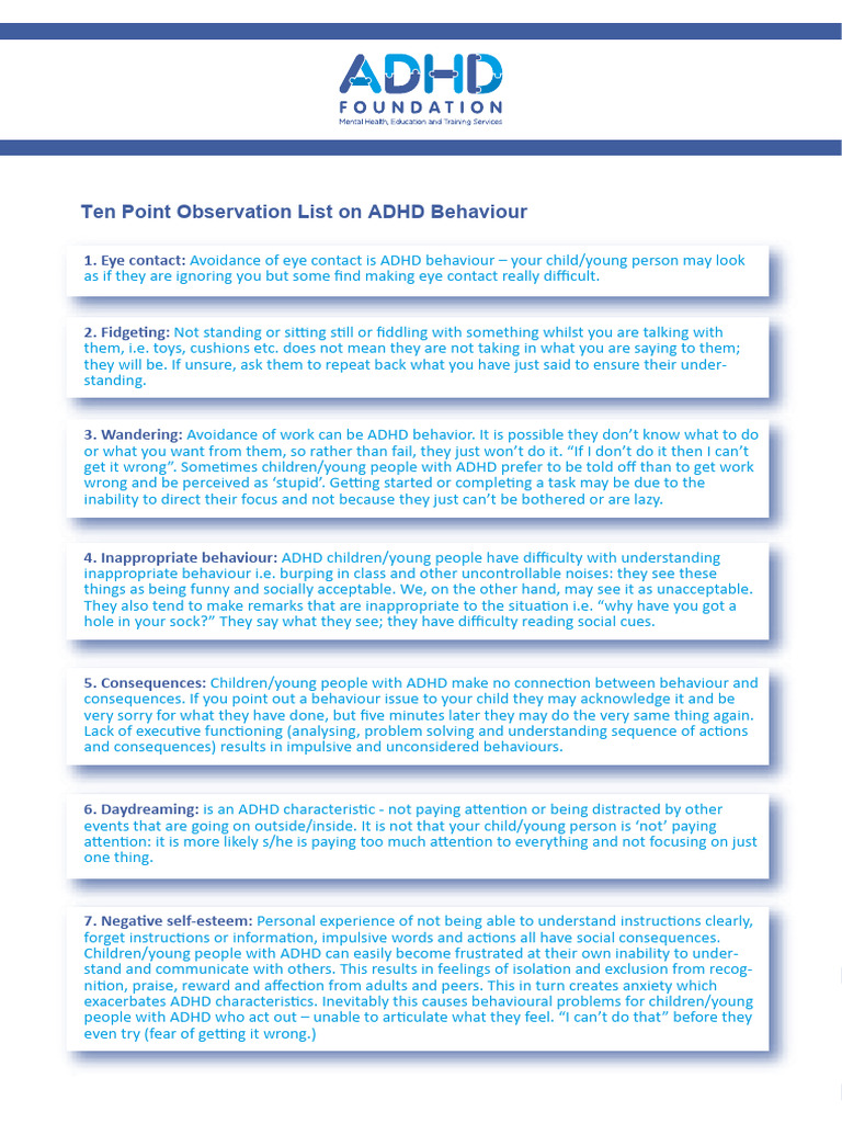 Adhd Resources Ten Point Observation List On Adhd Behaviour | PDF | Self Esteem | Attention ...