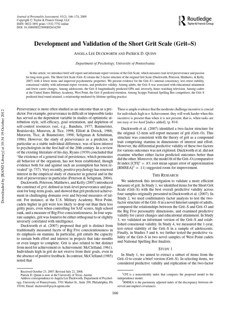 Developmentand Validationofthe Short Grit Scale Grit S | PDF | Grit ...
