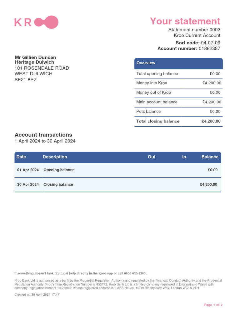 Kroo - Statement - 2024 - 04 Heritage Dulwich | PDF | Overdraft | Banks