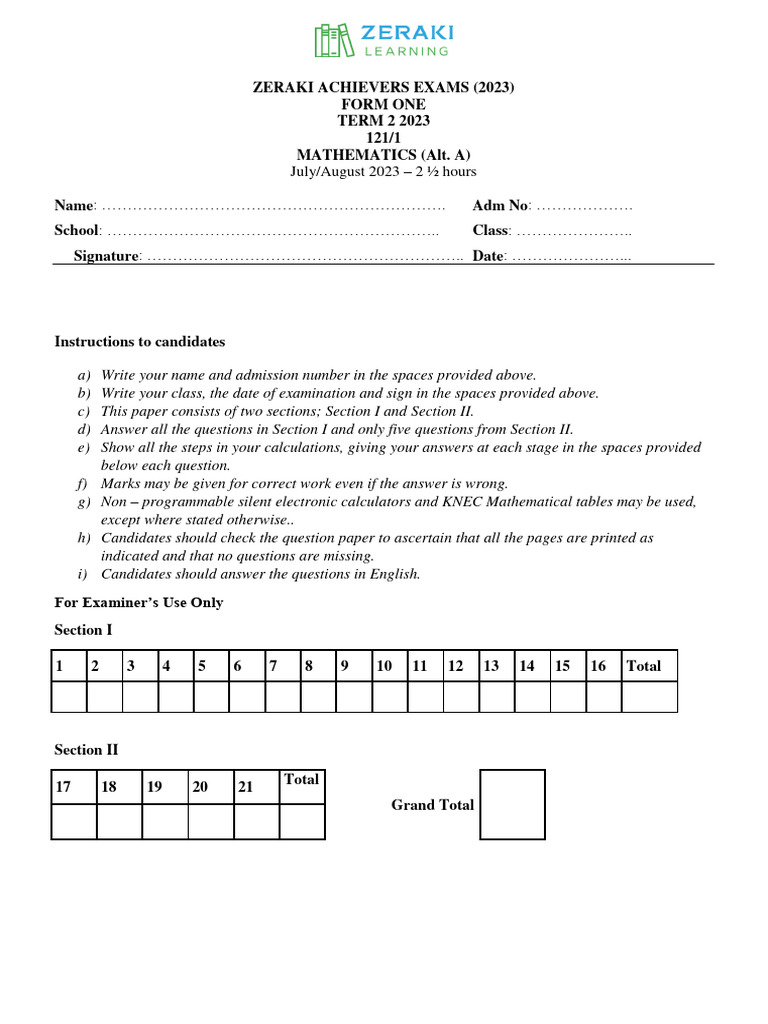 Maths Form 1 - Question Paper | PDF