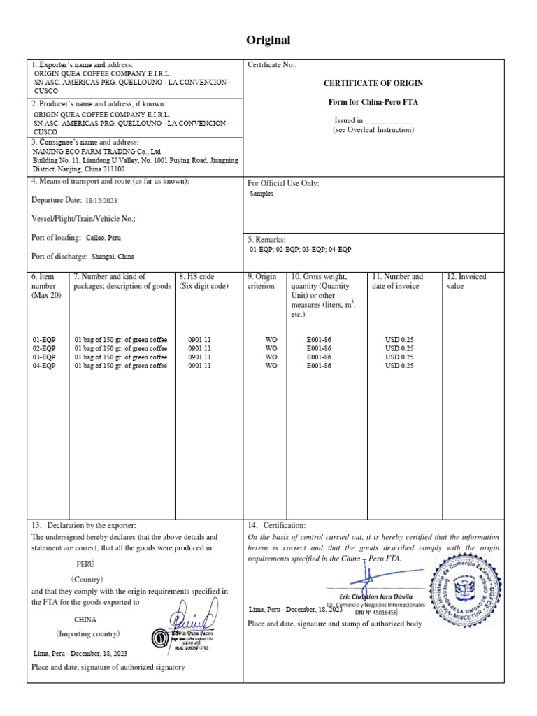 Certificate of Origin for China-Peru FTA | PDF