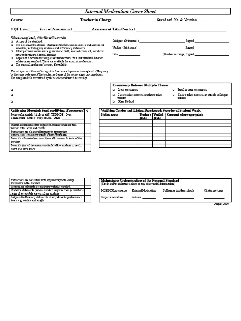 NZQA Internal Moderation Cover Sheet | PDF | Curriculum | Behavior ...