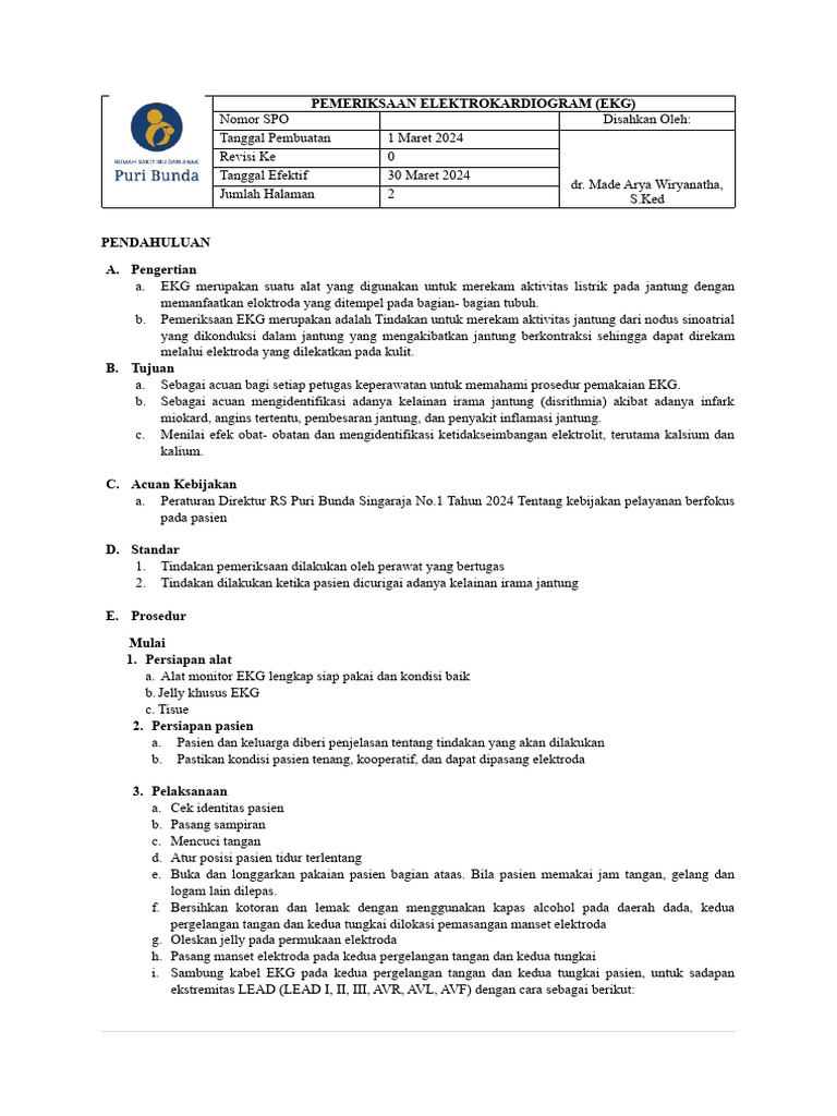 SPO Pemeriksaan EKG | PDF | Kesehatan Holistik | Teknologi & Rekayasa