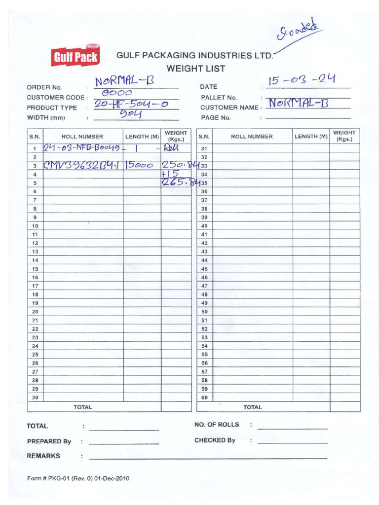 Packing Weight List | PDF