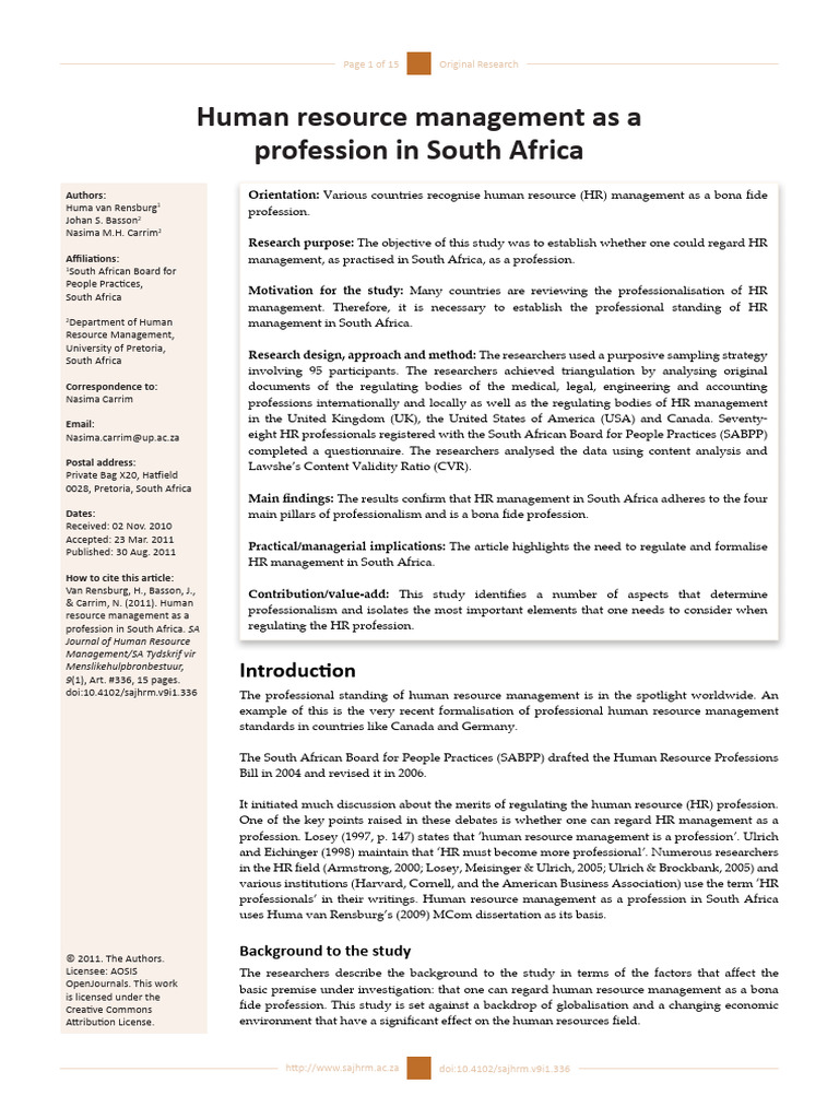 Van Rensburg Et Al. - HRM As A Profession in SA | Download Free PDF ...