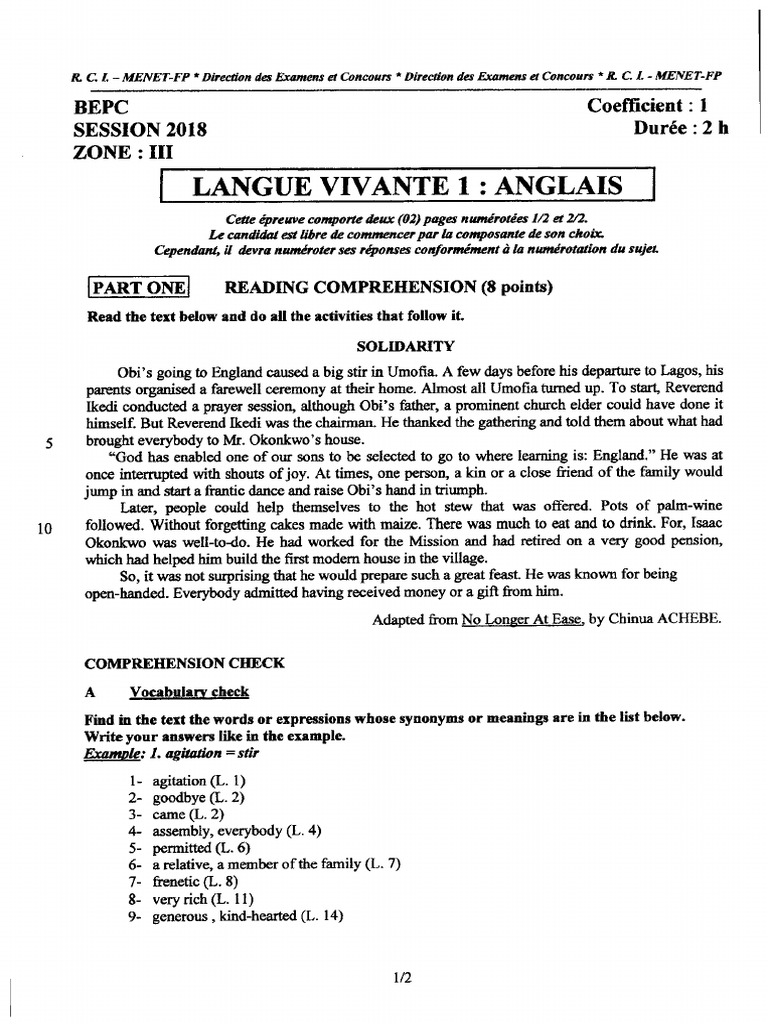 Bepc z3 Ang Lv1 2018 | PDF