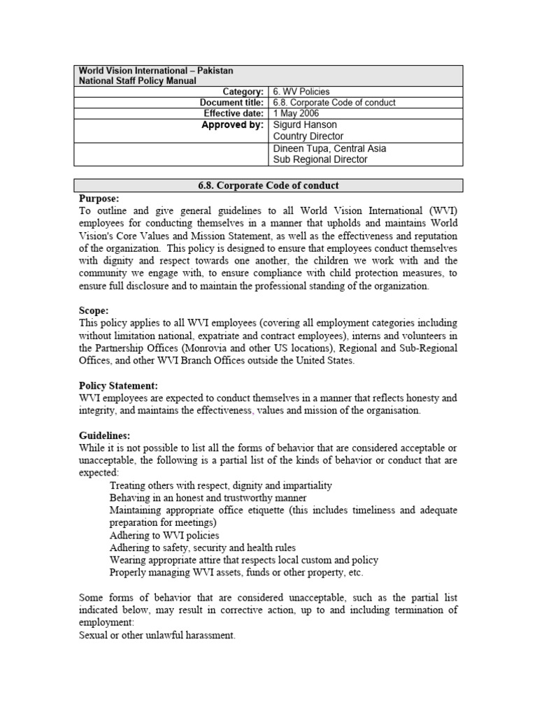 6.8. Corporate Code of Conduct | PDF | World Vision International | Justice