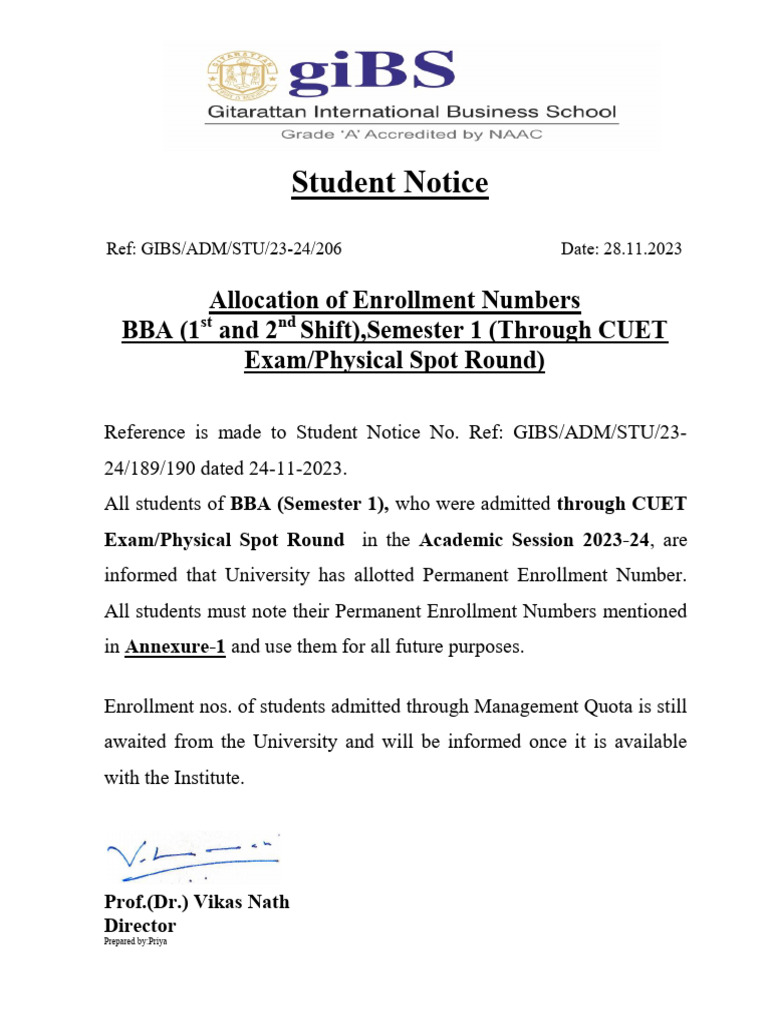 Student Notice: Allocation of Enrollment Numbers BBA (1 and 2 Shift ...
