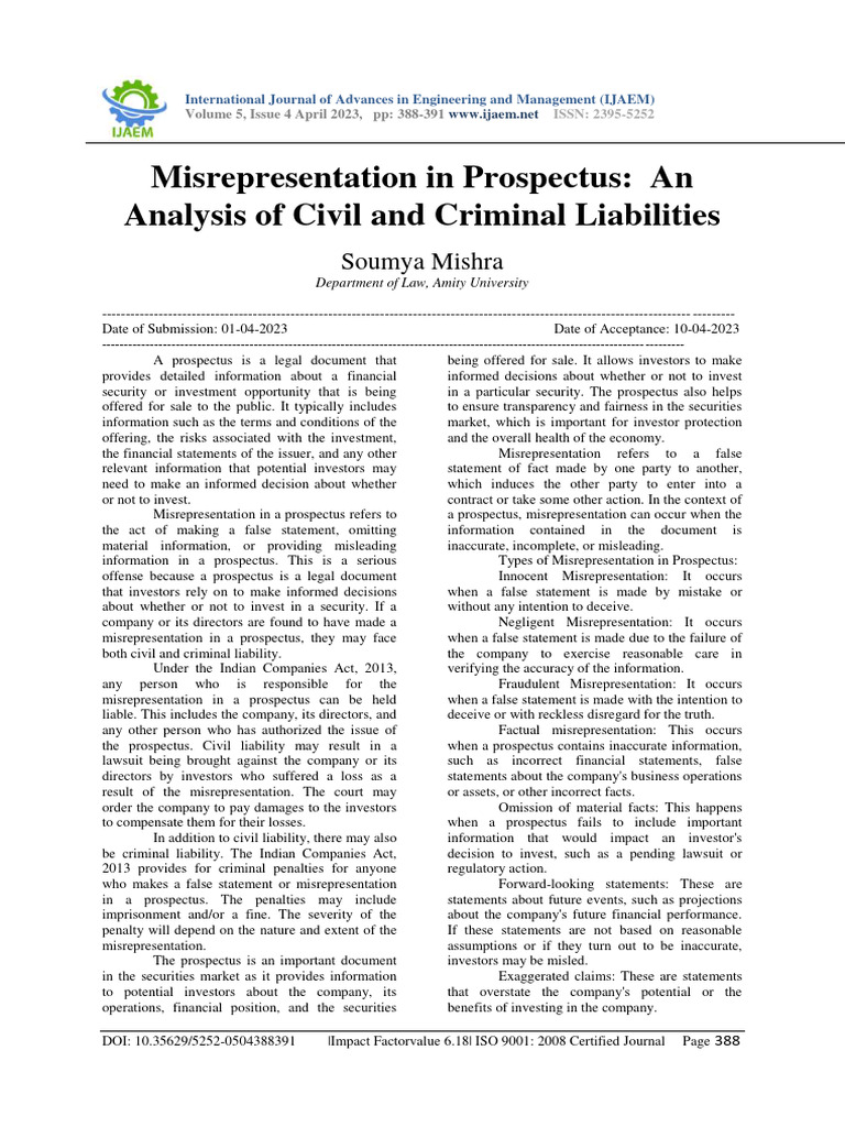 Misrepresentation in Prospectus An Analysis of Civil and Criminal ...