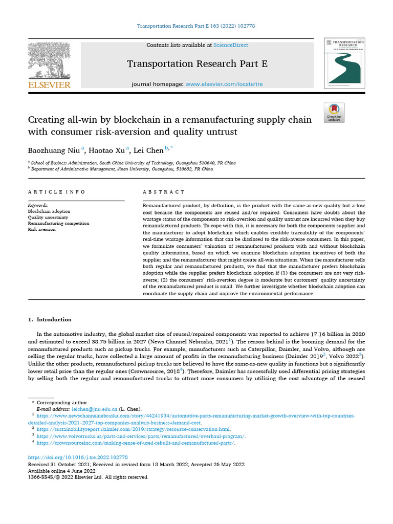 Blockchain in A Remanufacturing Supply Chain | PDF | Supply Chain ...