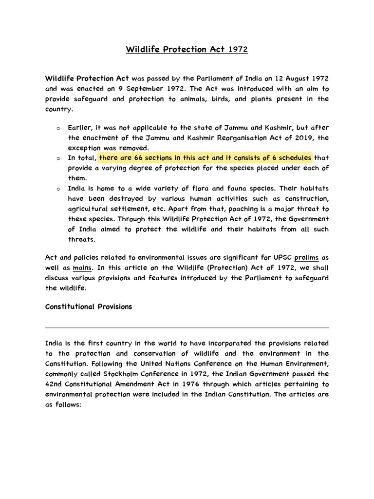 Wildlife Protection Act 1972 | PDF | Zoo | Natural Environment