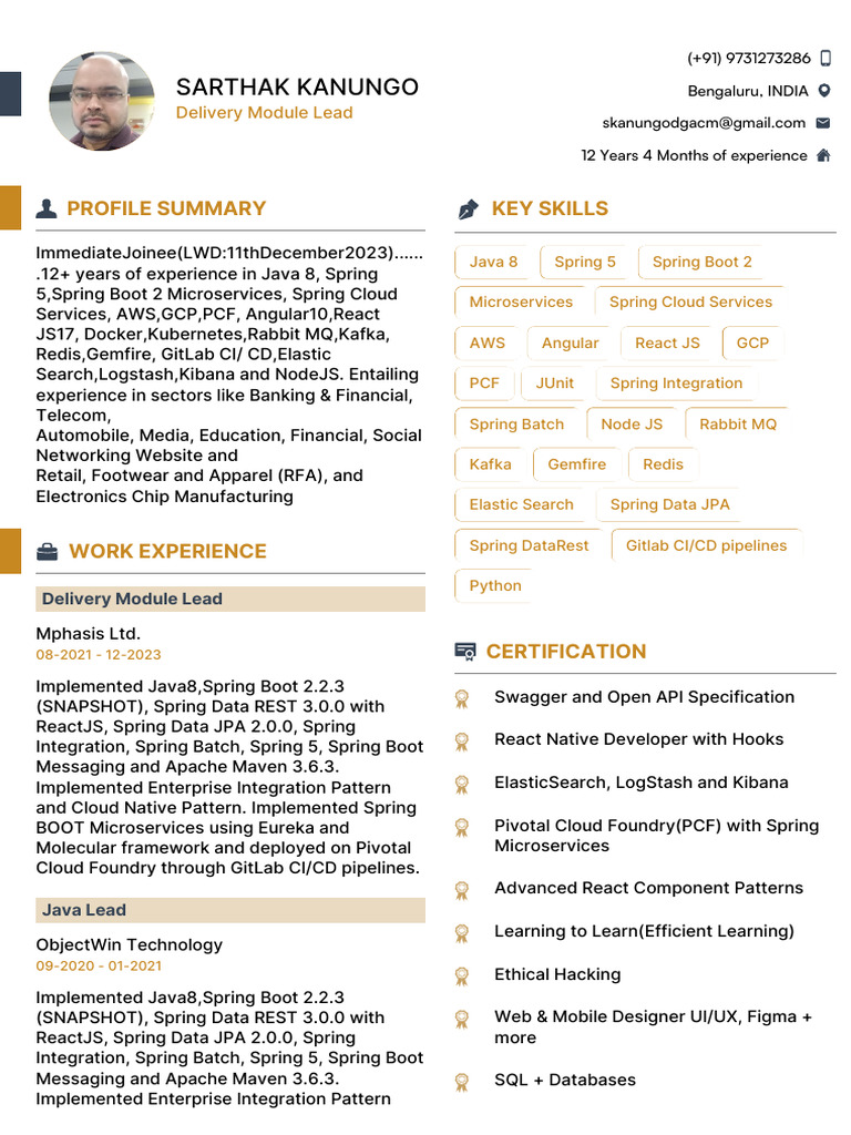 Java Spring Expert & Delivery Lead Profile | PDF | Web Service | J Query