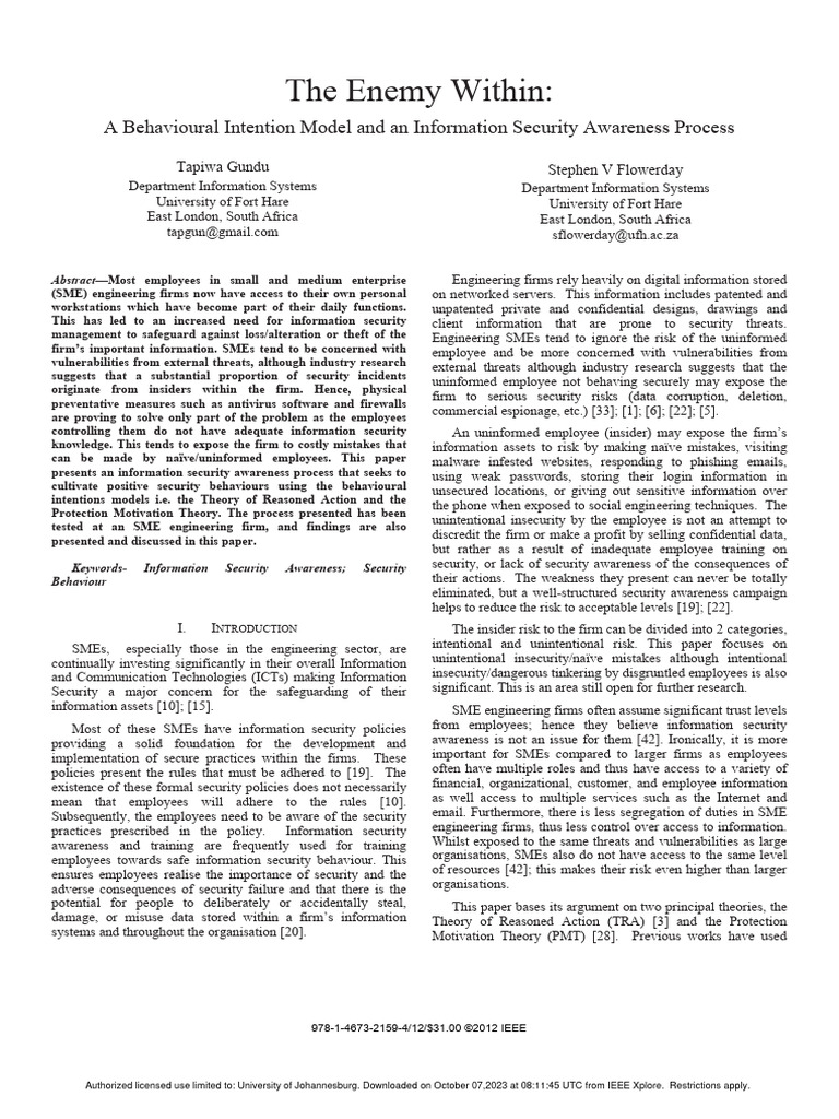 The Enemy Within A Behavioural Intention Model and An Information ...