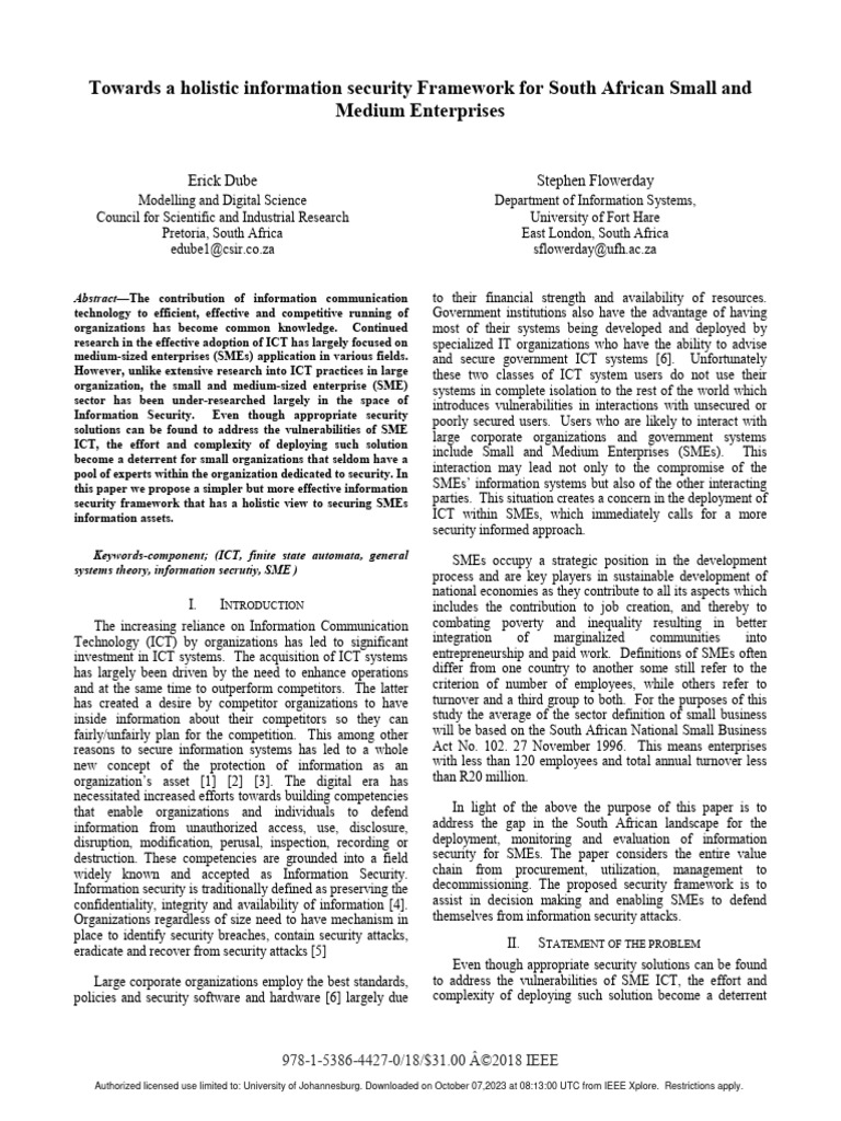 Towards A Holistic Information Security Framework For South African Small And Medium Enterprises