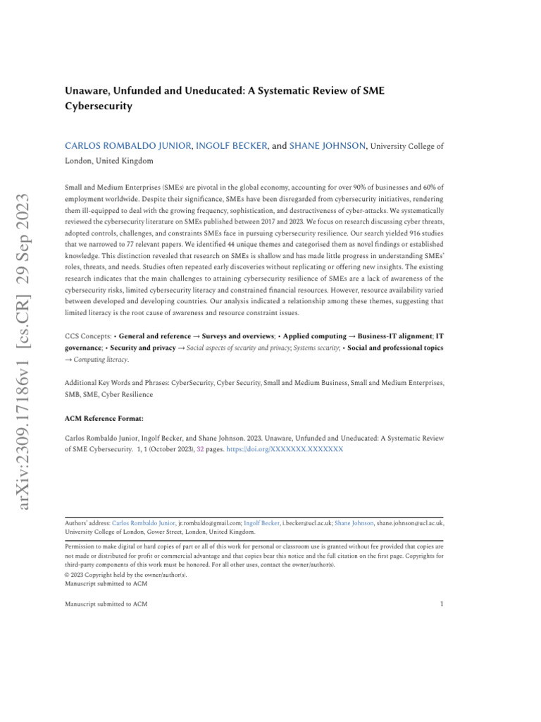 Unaware Unfunded and Uneducated Cybersecurity in SMEs | PDF ...