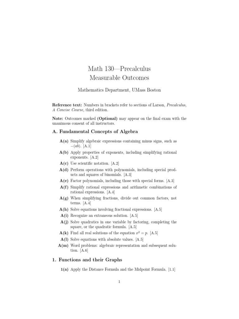 Math 130 Measurable Outcomes | PDF | Trigonometric Functions | Trigonometry