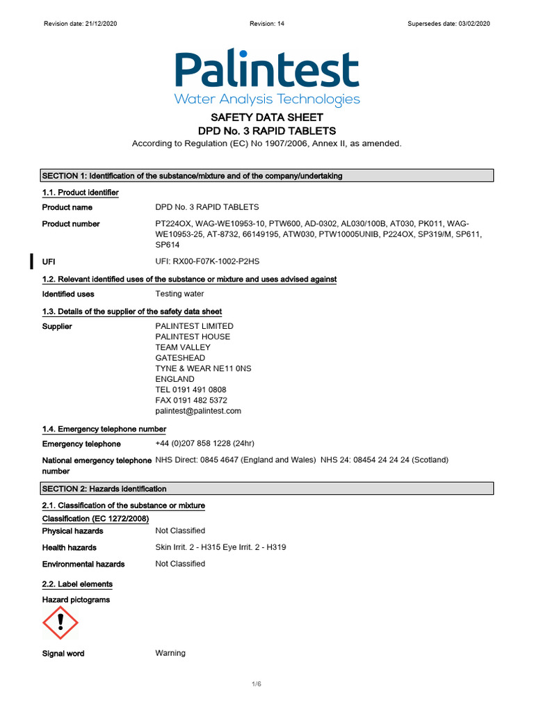 DPD No. 3 Rapid Tablets Safety Sheet | PDF | Dangerous Goods | Toxicity