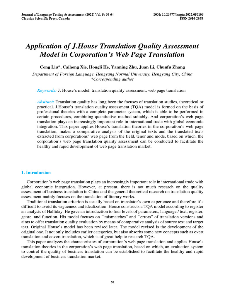 Application of J.House Translation Quality Assessment | PDF ...